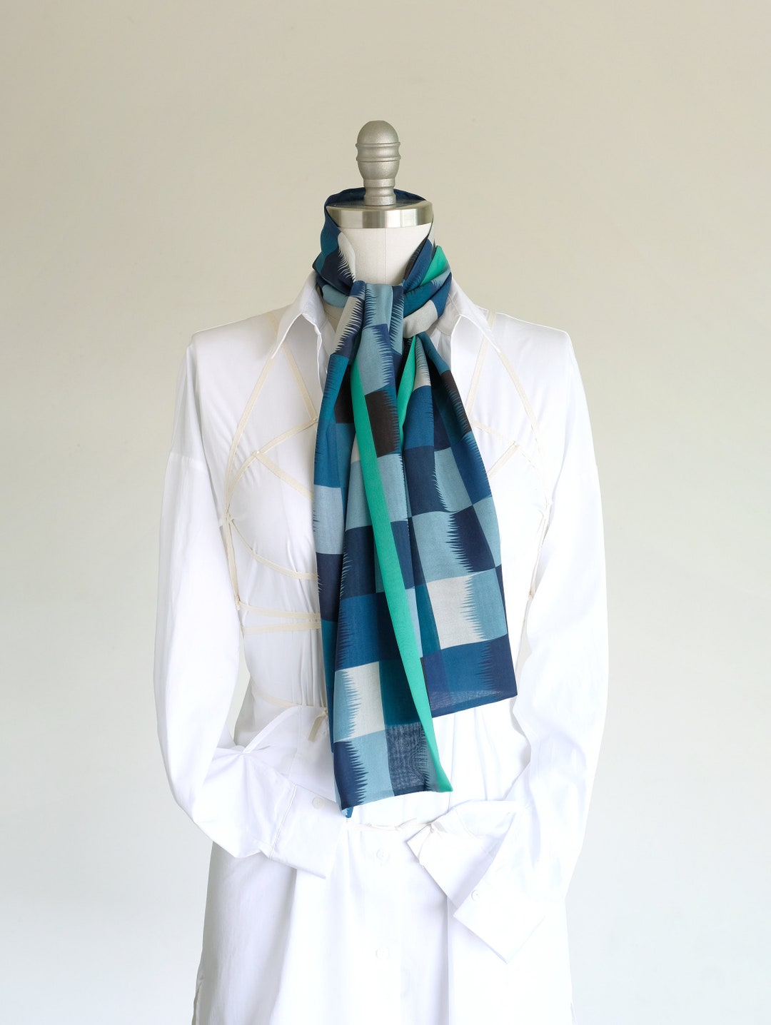 Blue Check Scarf Modern Chiffon Scarf Oblong Check Pussybow - Etsy