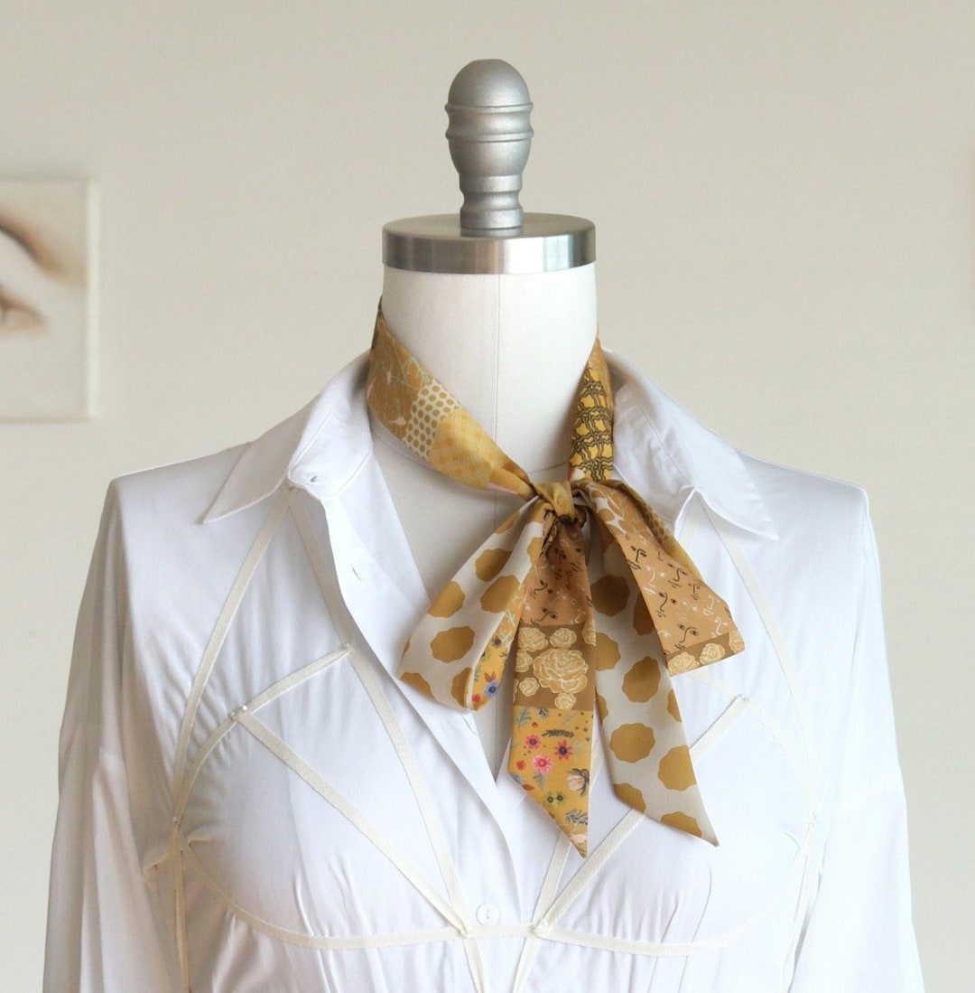Boho Gold Skinny Scarf, Patchwork Print Choker Scarf, Autumn Accessory ...