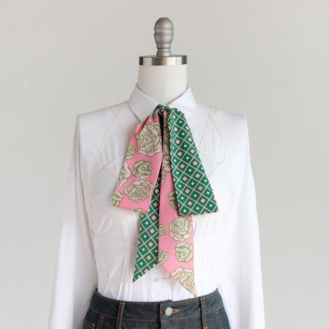 Handmade Skinny Scarf: Green Geo & Pink Rose Print, Preppy Sash Belt - Etsy
