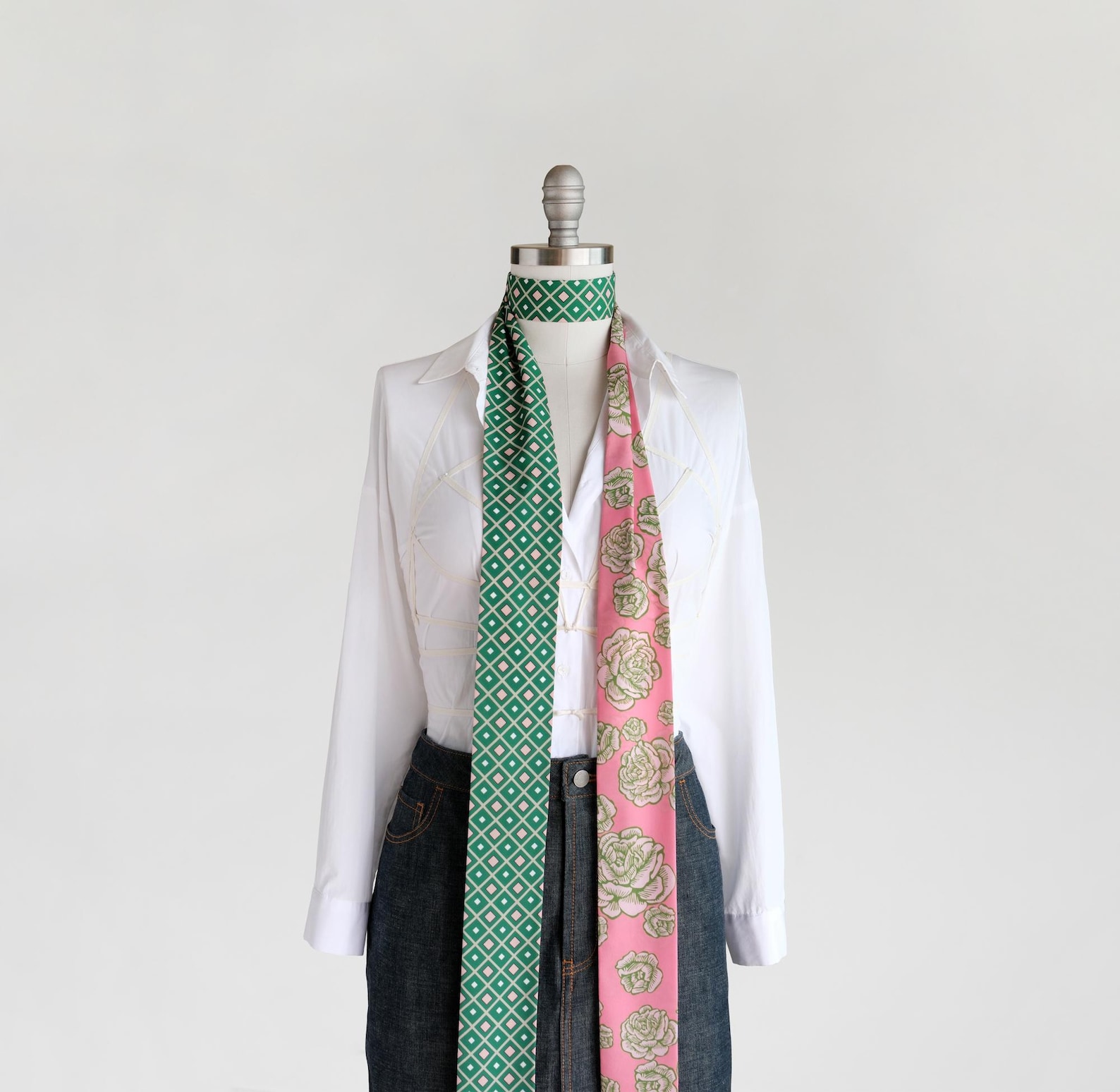 Handmade Skinny Scarf: Green Geo & Pink Rose Print, Preppy Sash Belt - Etsy