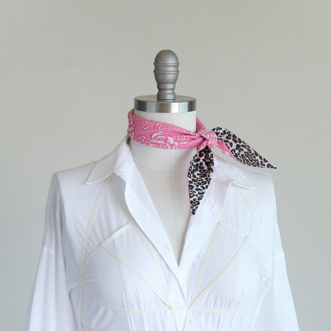 Pink Rose and Leopard Seersucker Neckerchief, Boho Cute Cotton Summer ...