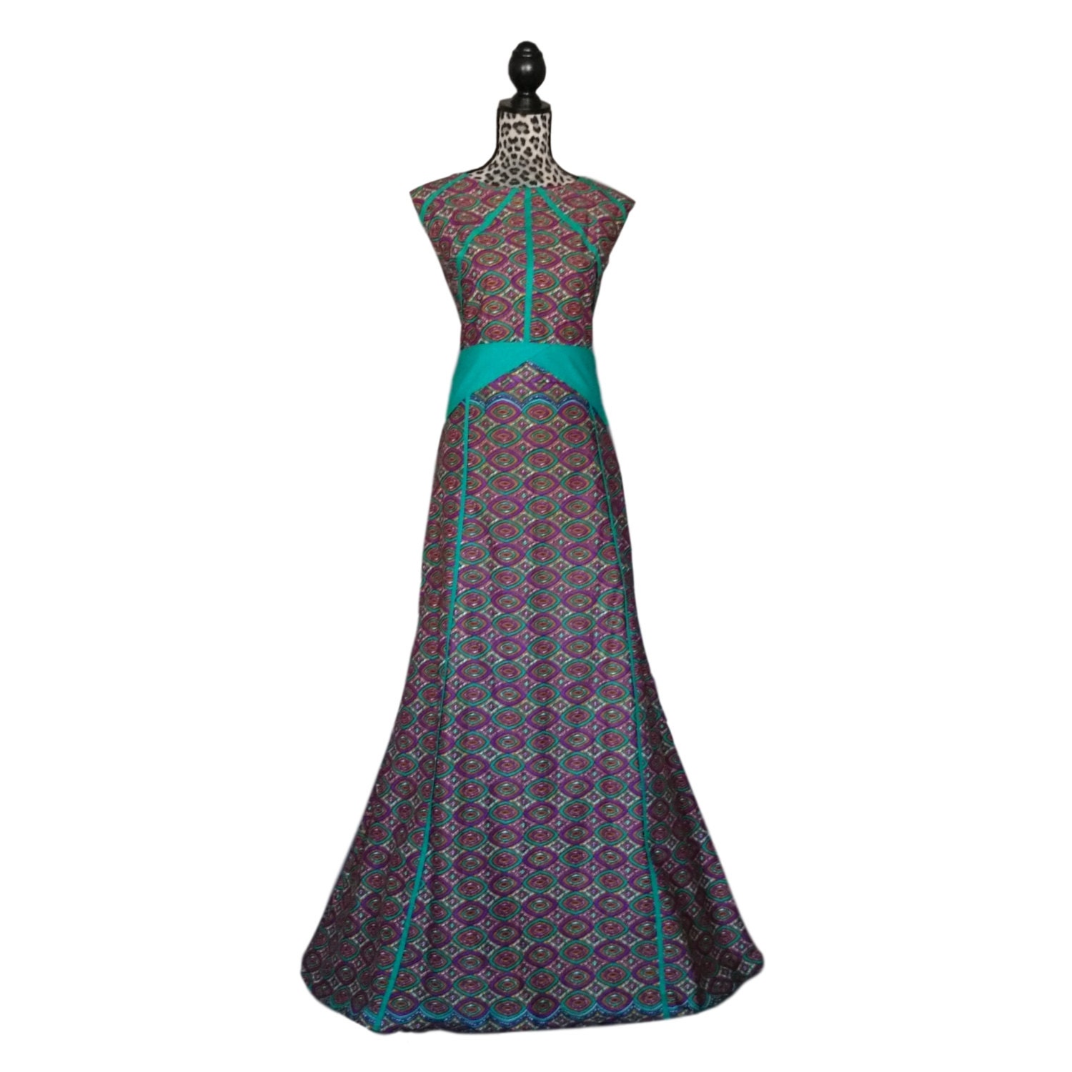 Kuwaha African Print Peplum Gown Dress; Purple, Jade Green