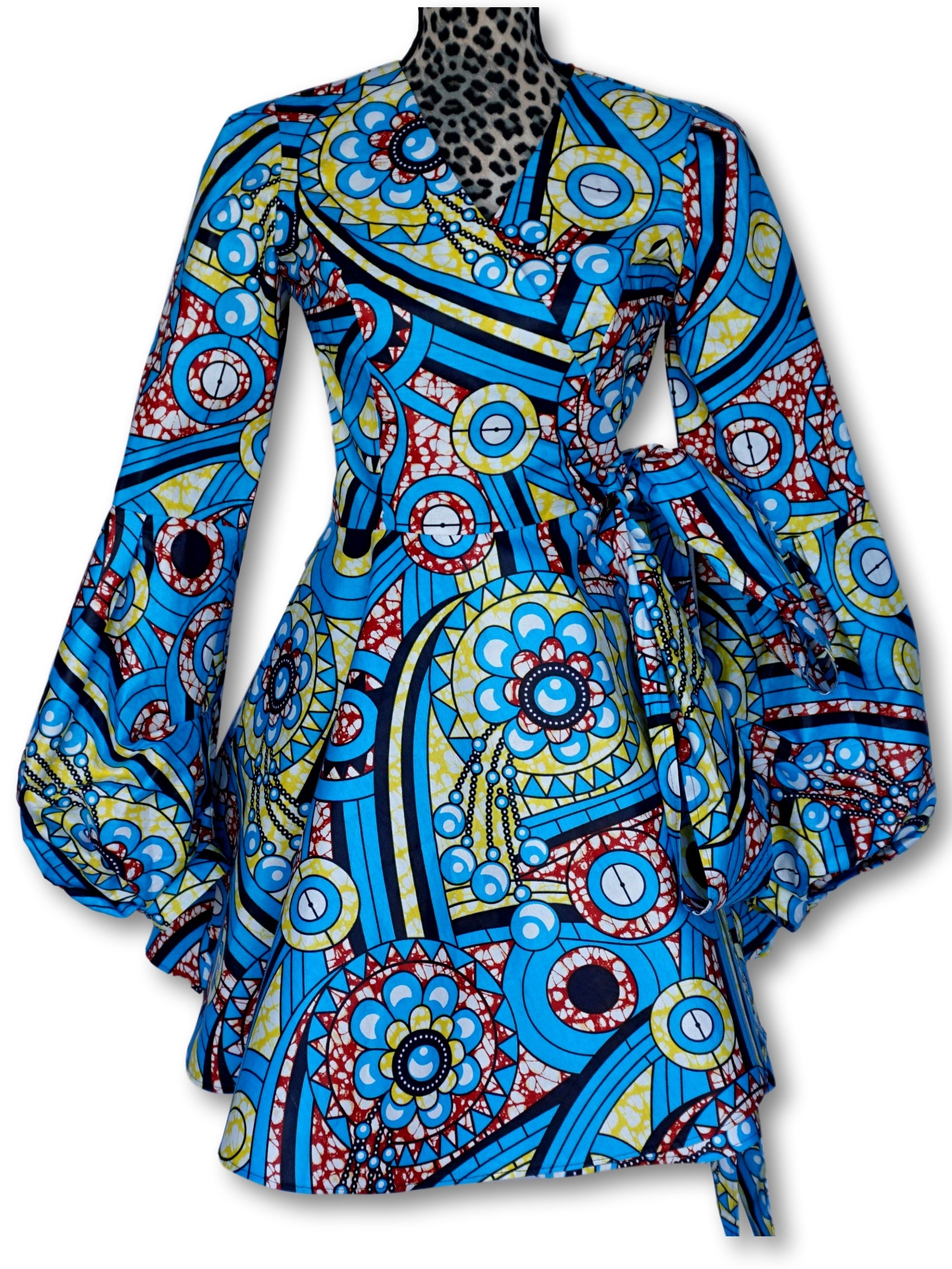 Kuwaha African Print Wrap Dress, Blue, Yellow, White, Multicolor