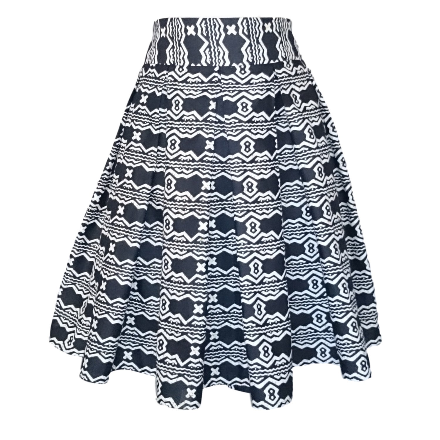Kuwaha African Print Pleated Skirt Black And White