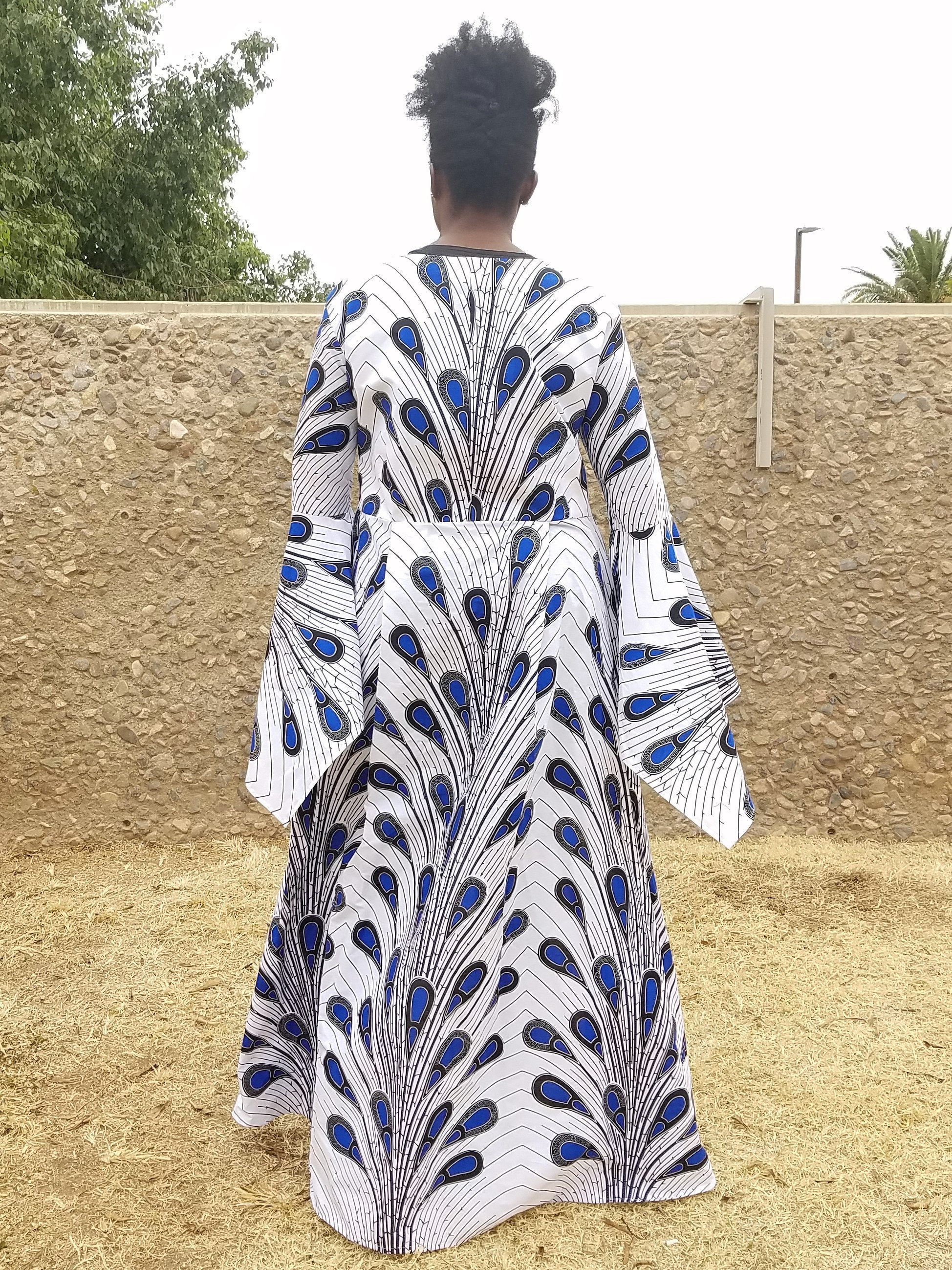 Kuwaha African Print Ruffle Sleeve Jacket, High Low , White, Blue, Black