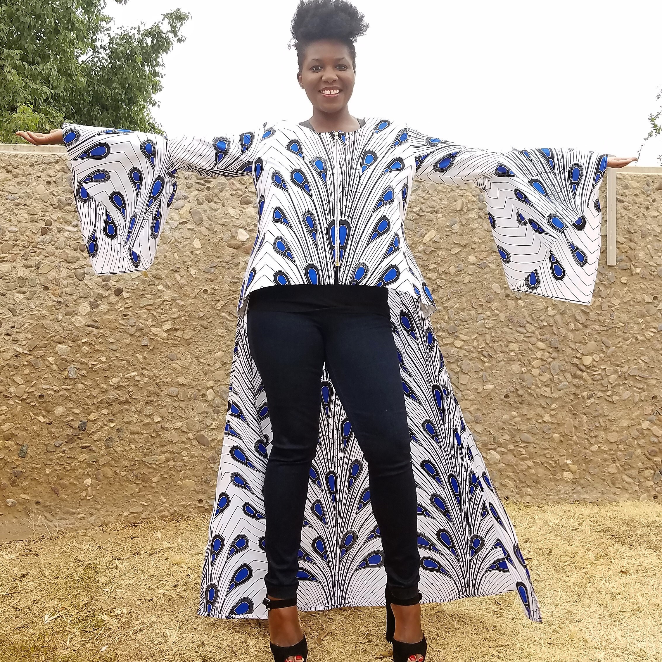 Kuwaha African Print Ruffle Sleeve Jacket, High Low , White, Blue, Black