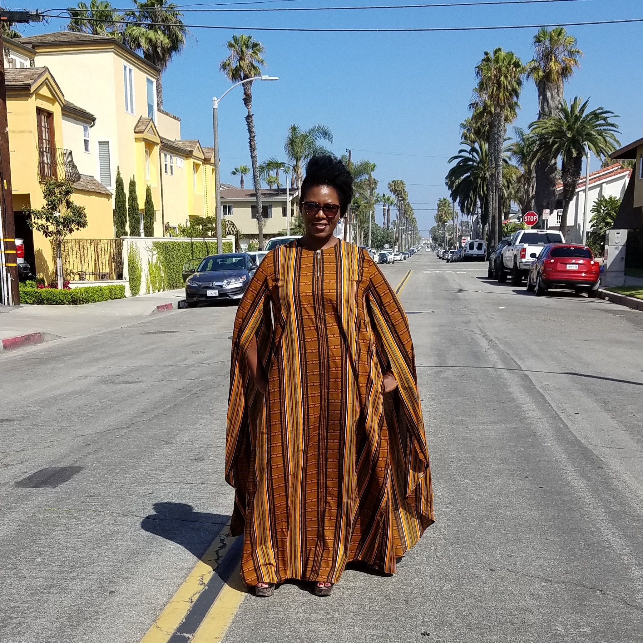 Kuwaha African Kente Print Long Cape Sleeve Maxi Kaftan Dress; Black ...