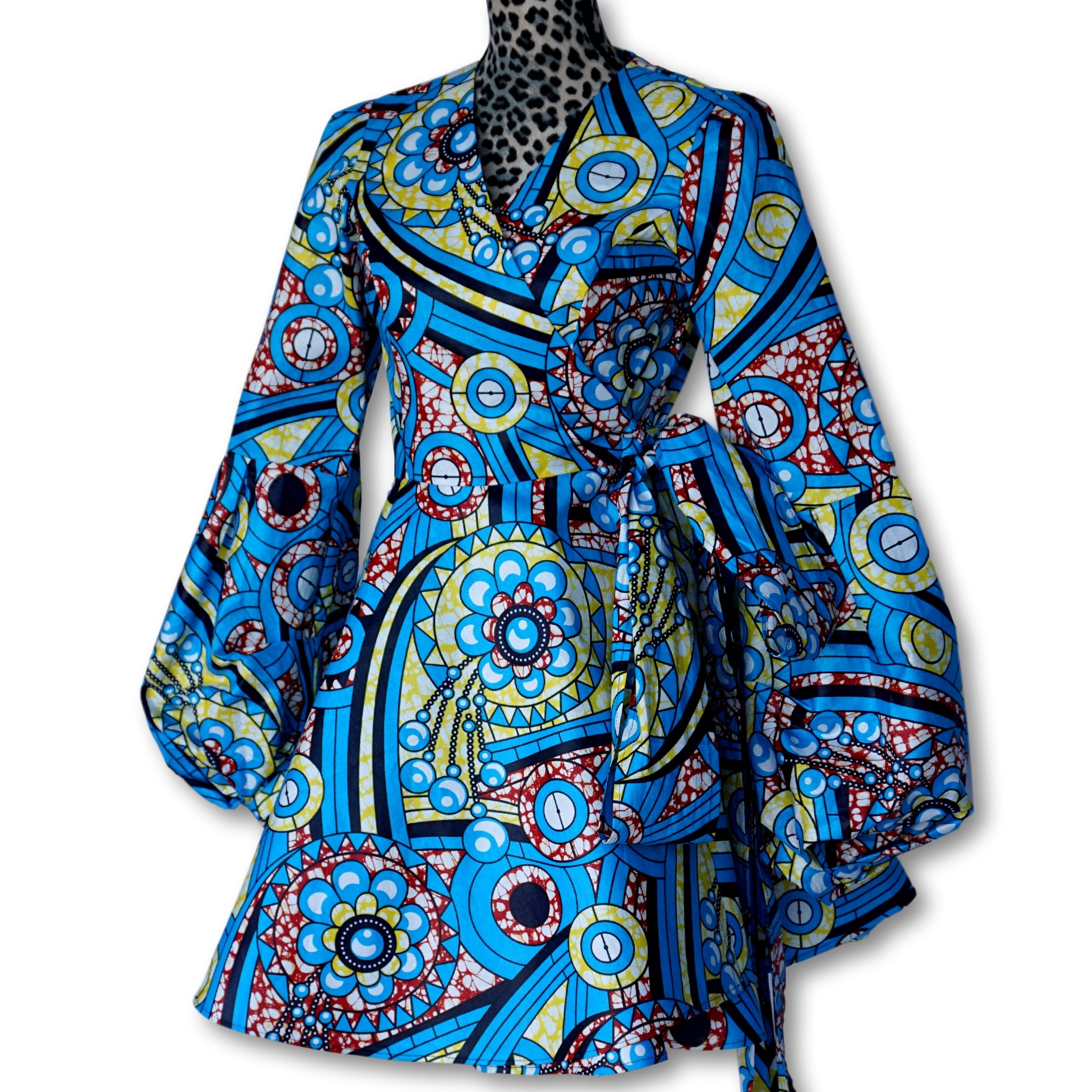 Kuwaha African Print Wrap Dress, Blue, Yellow, White, Multicolor