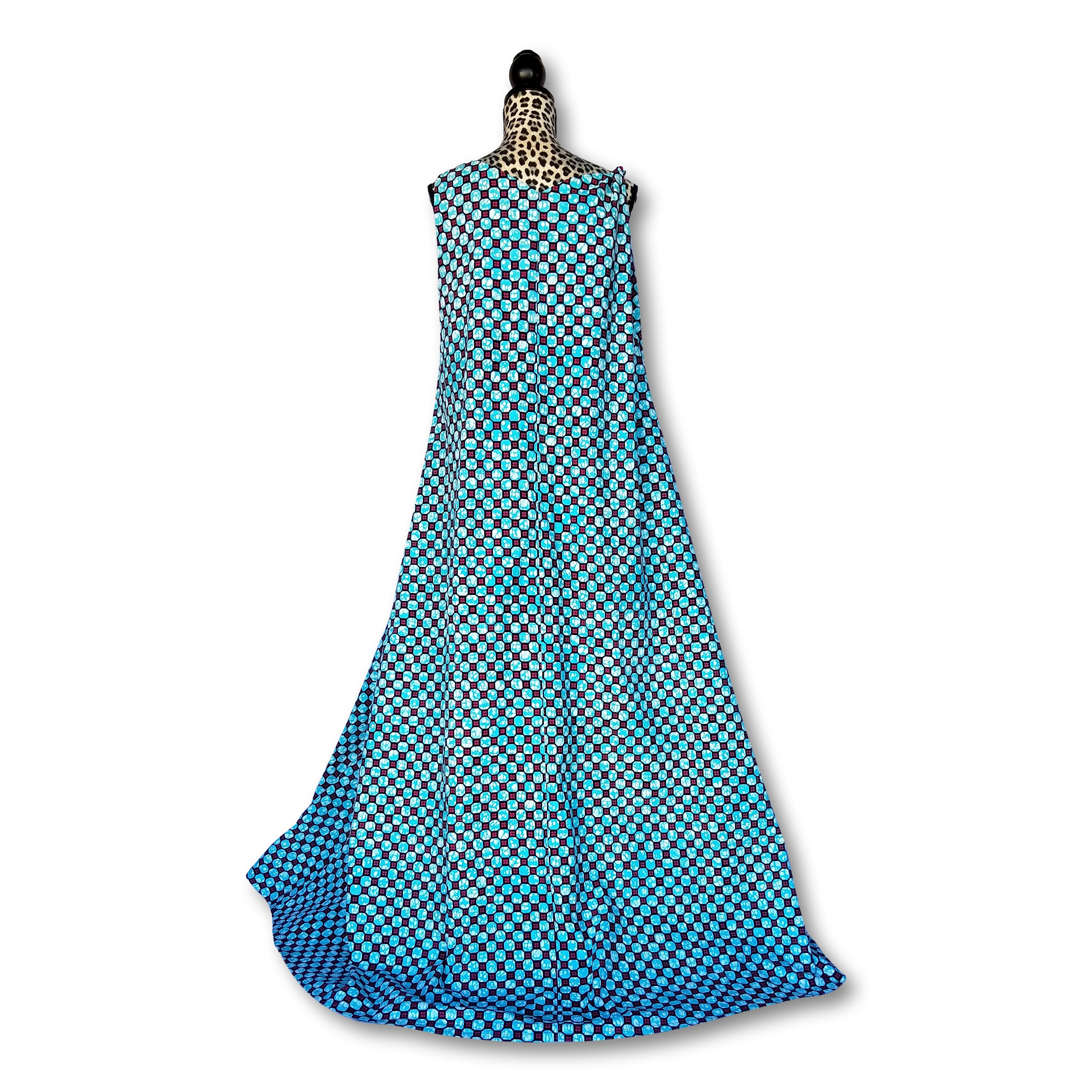 Kuwaha African Print Maxi Dress, Mint Green, Black, Fuchsia Pink