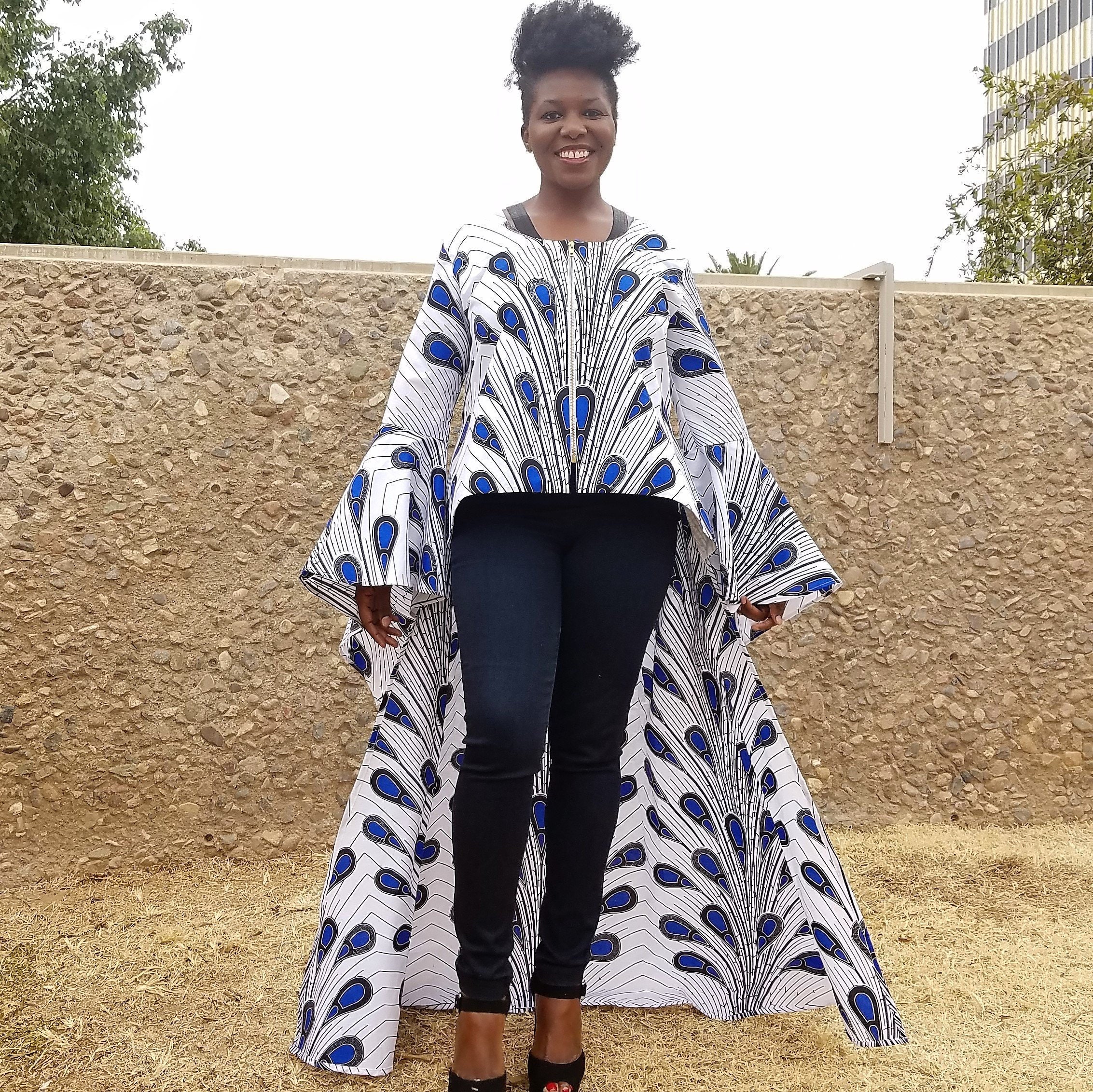 Kuwaha African Print Ruffle Sleeve Jacket, High Low , White, Blue, Black