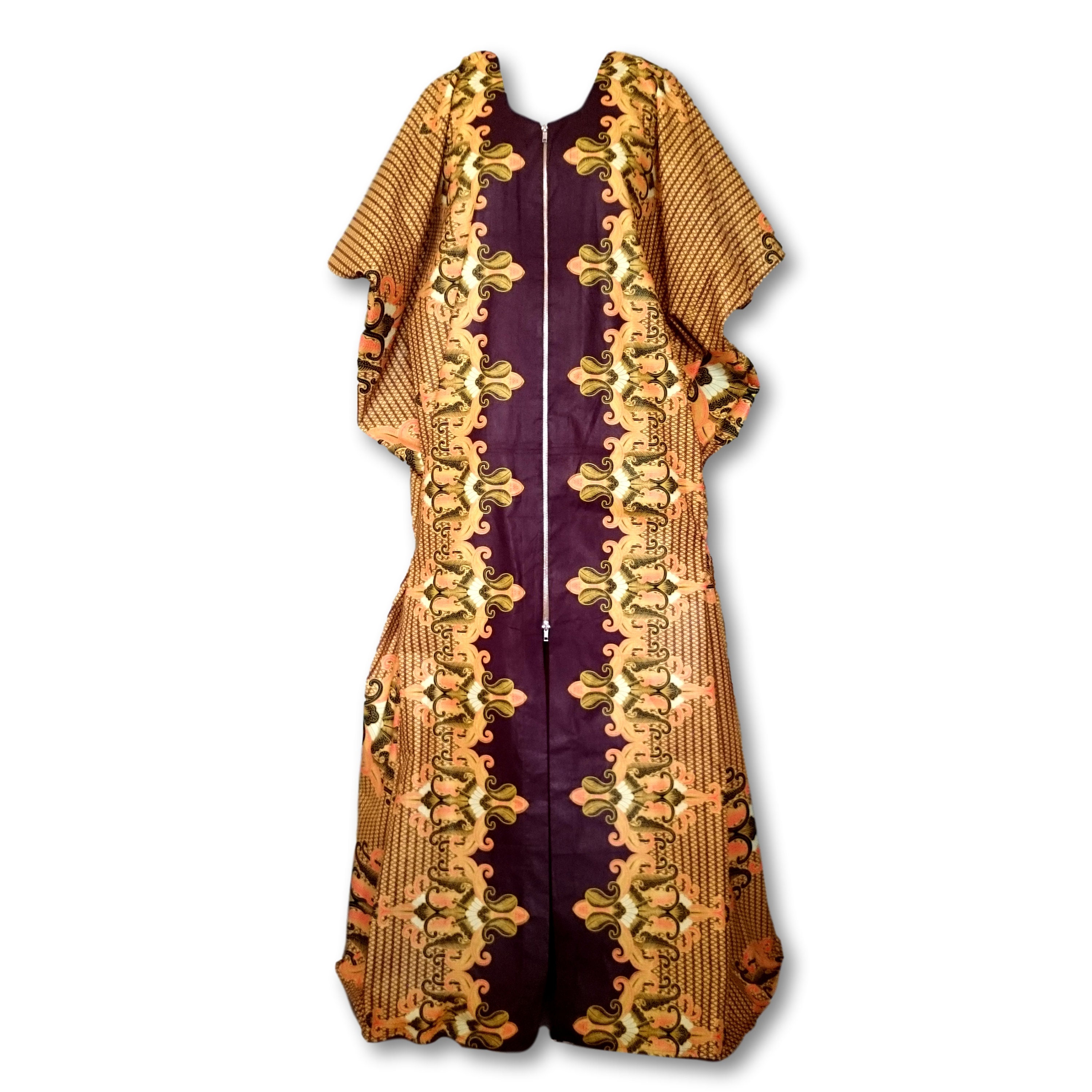 Kuwaha African Print Cape Jacket Boubou Kaftan Dress, 2 in 1, Brown