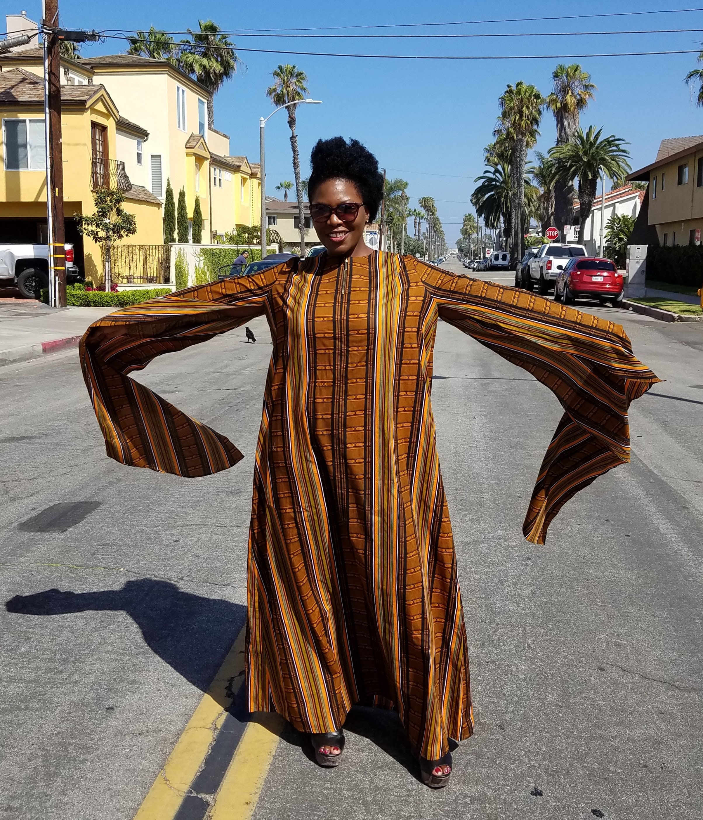 Kuwaha African Kente Print Long Cape Sleeve Maxi Kaftan Dress; Black ...