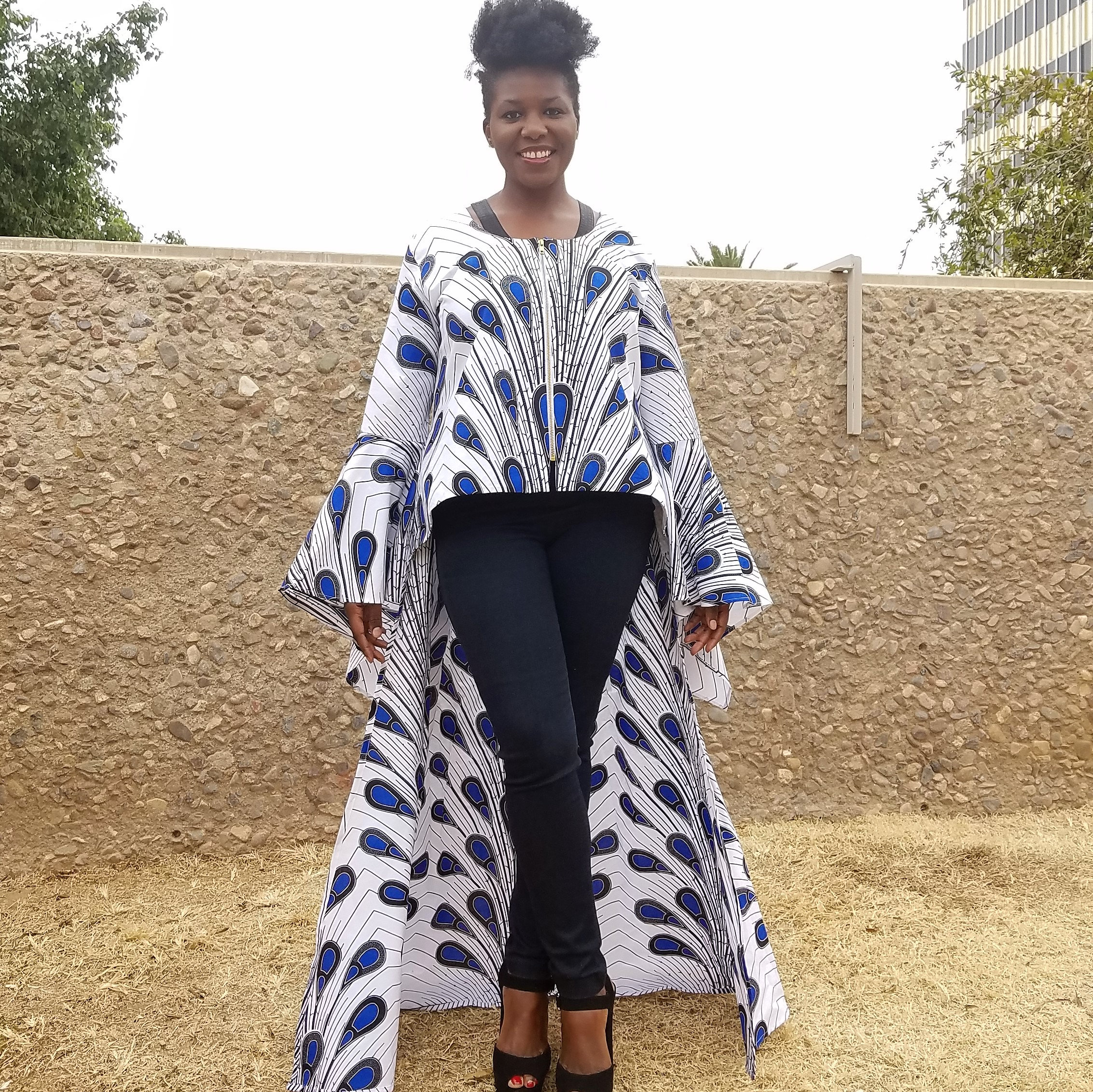 Kuwaha African Print Ruffle Sleeve Jacket, High Low , White, Blue, Black