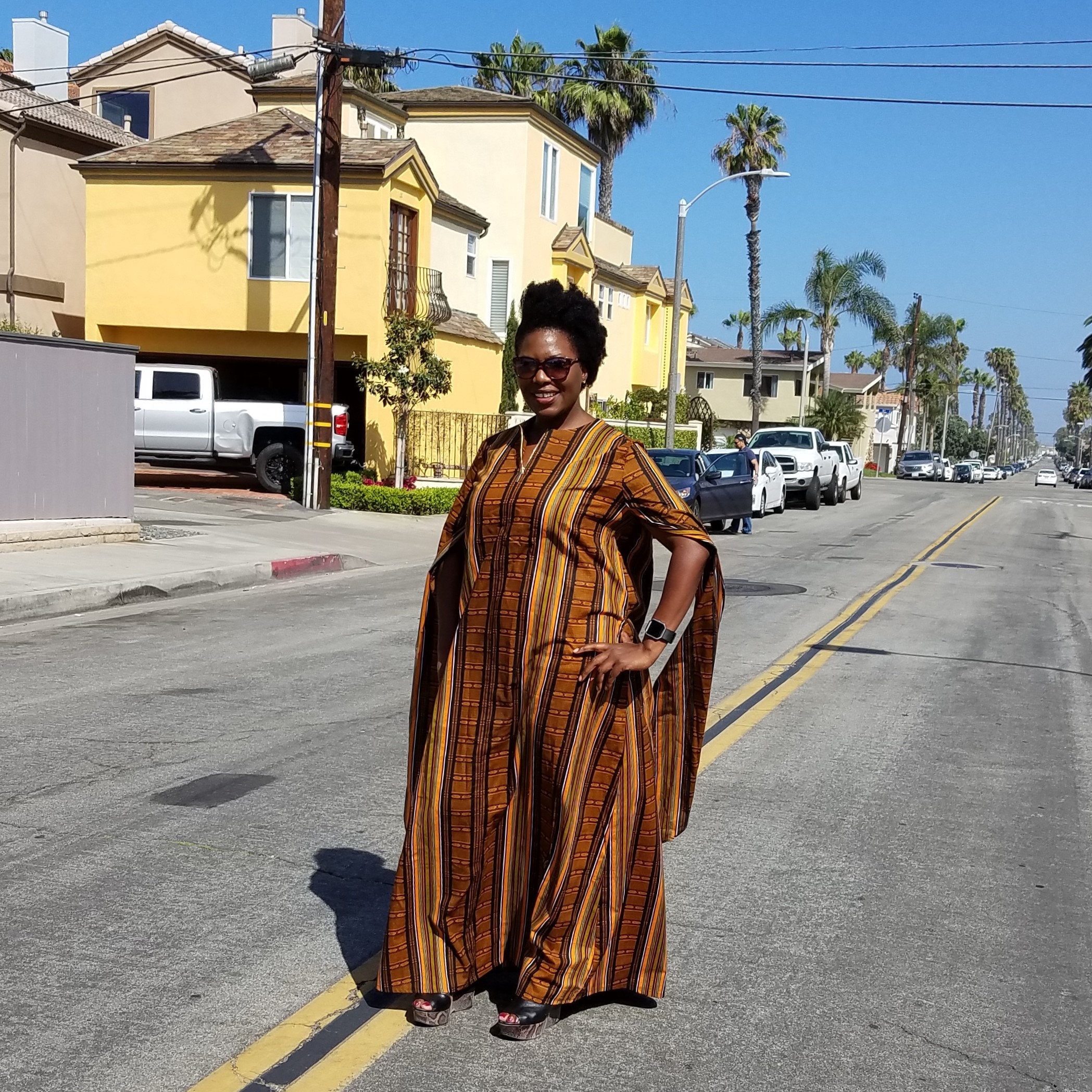 Kuwaha African Kente Print Long Cape Sleeve Maxi Kaftan Dress; Black ...