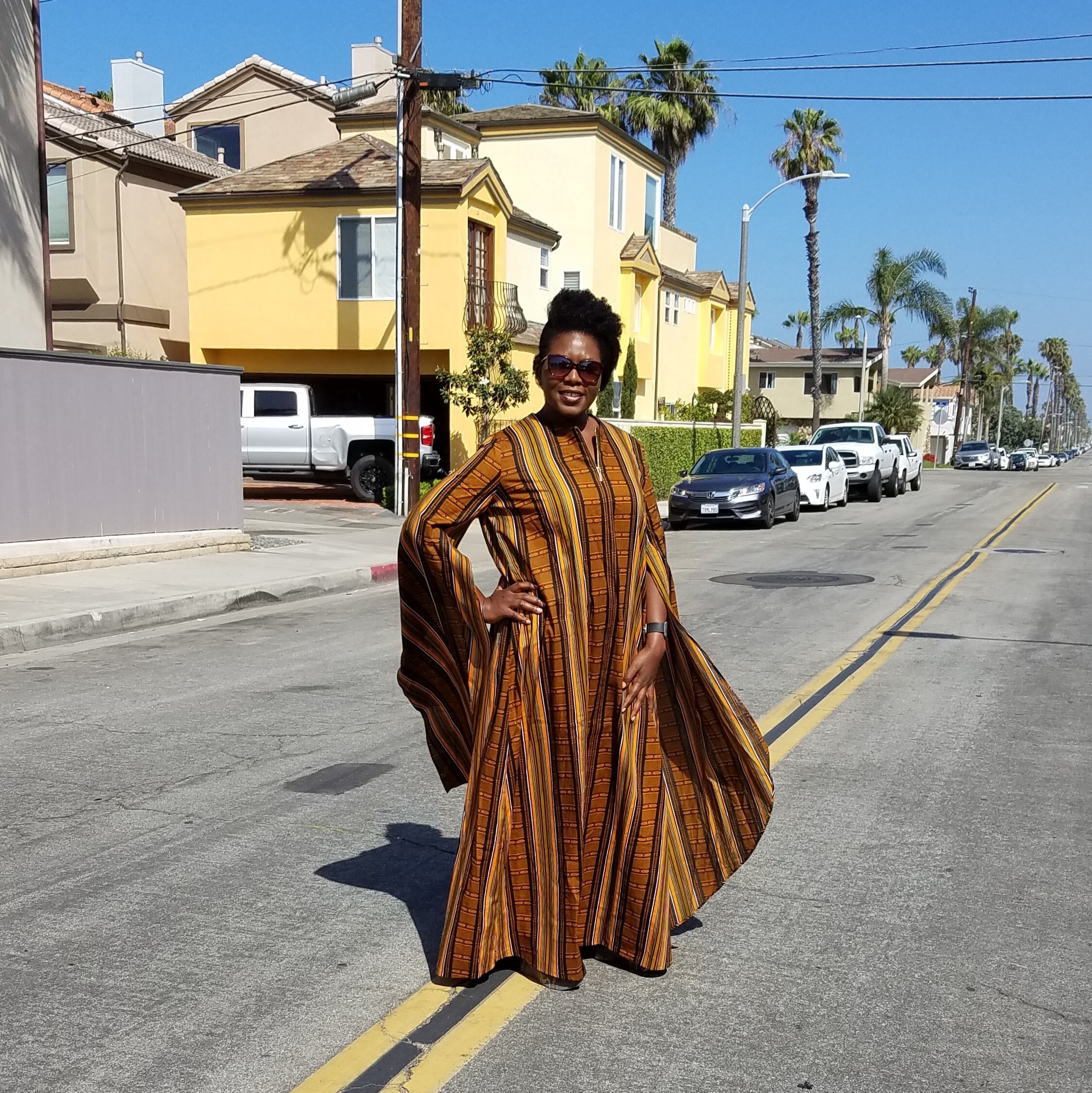 Kuwaha African Kente Print Long Cape Sleeve Maxi Kaftan Dress; Black ...