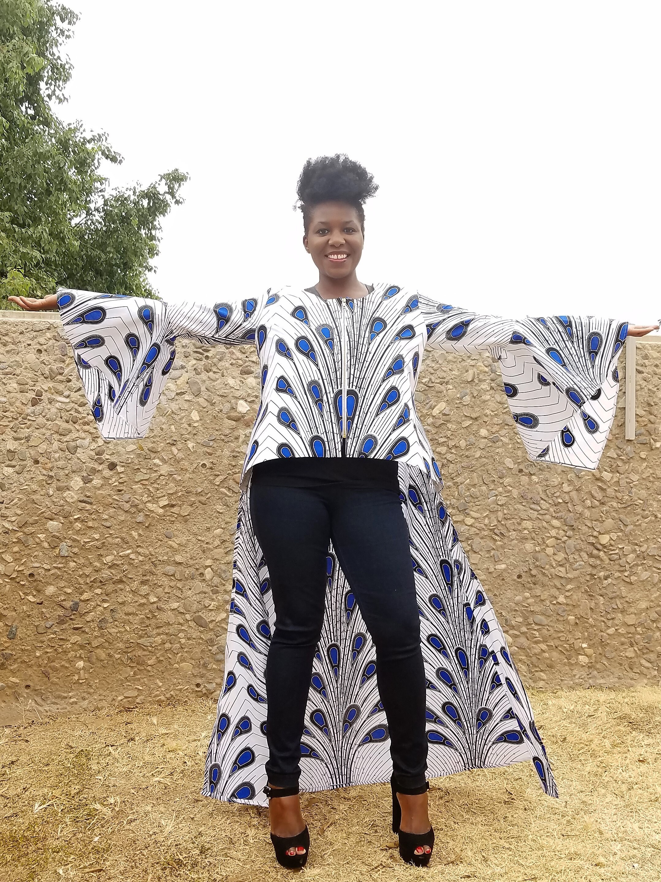 Kuwaha African Print Ruffle Sleeve Jacket, High Low , White, Blue, Black