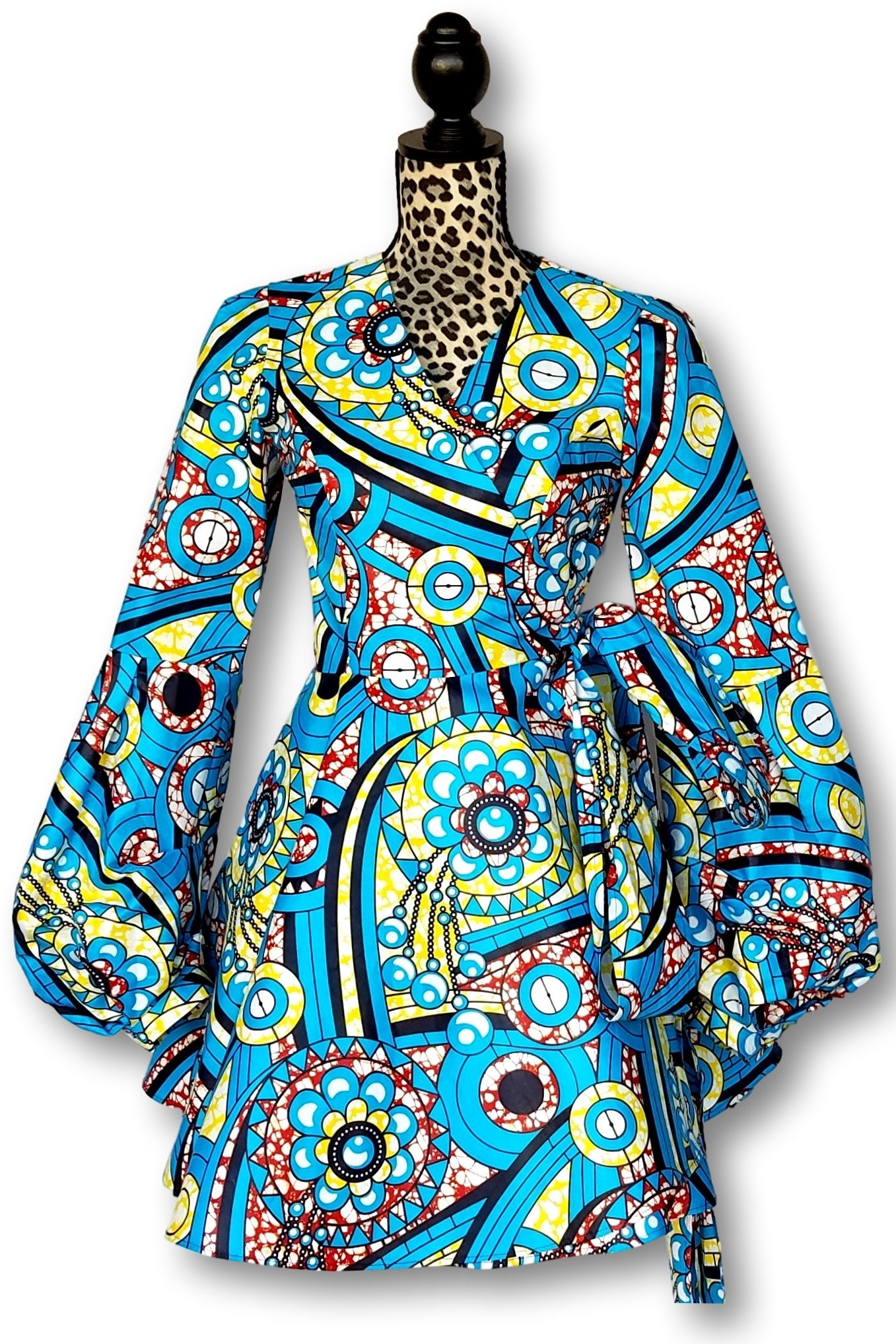 Kuwaha African Print Wrap Dress, Blue, Yellow, White, Multicolor