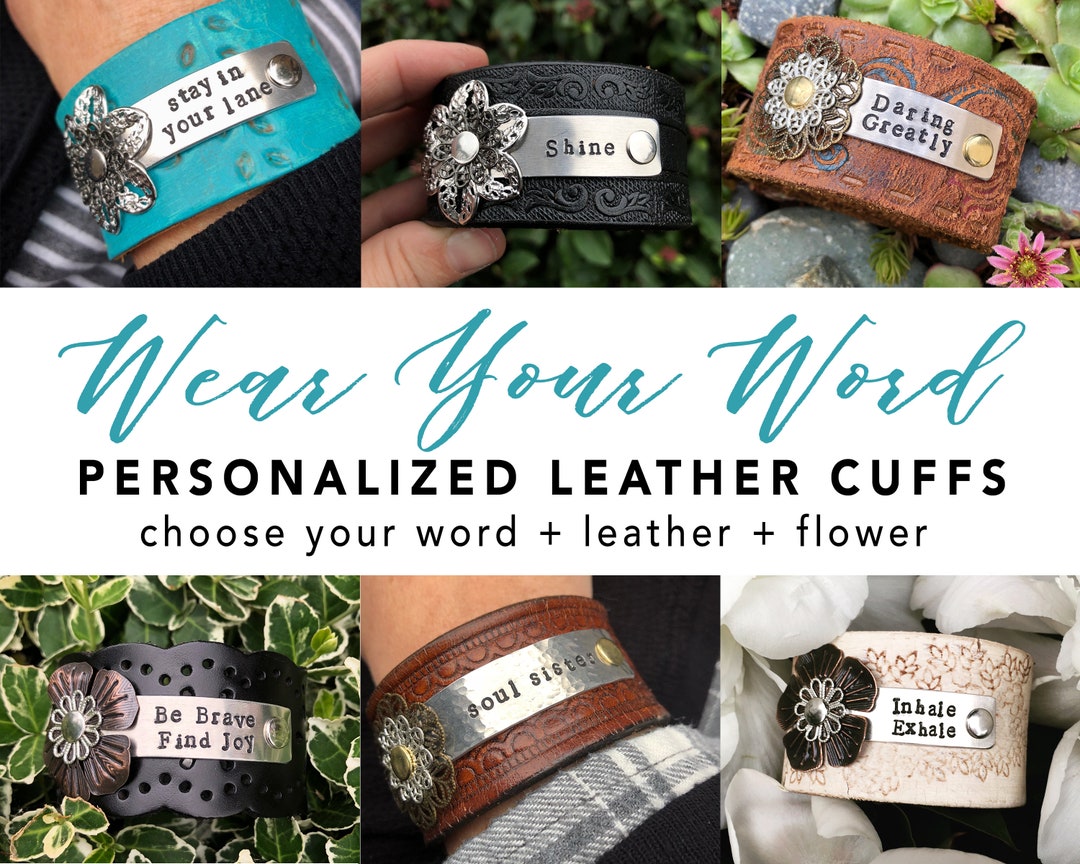 CUSTOM WORD Leather Cuff Bracelet With Large Flower - Custom Stamped ...