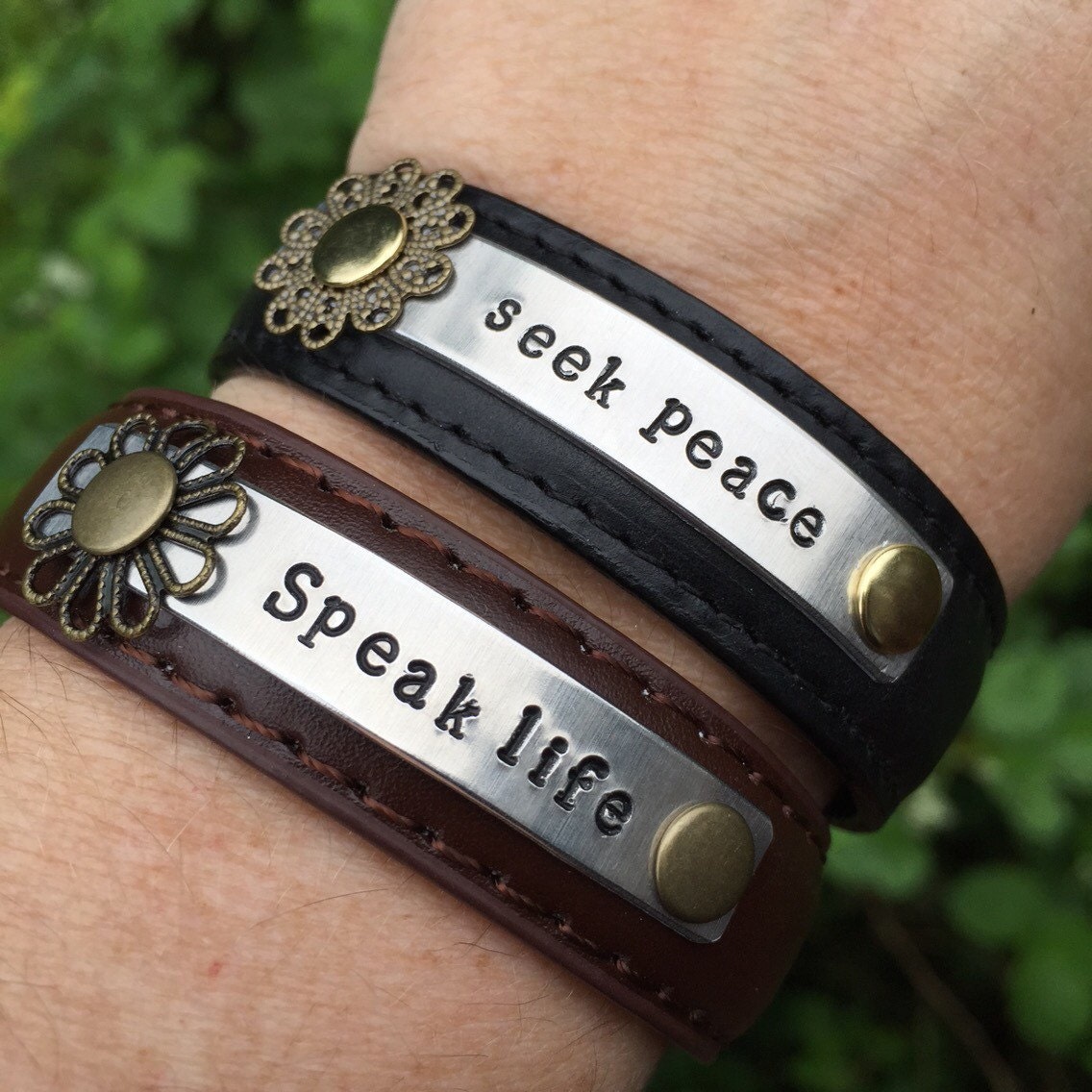 CUSTOM WORD Skinny Leather Cuff Bracelet with flower | Etsy