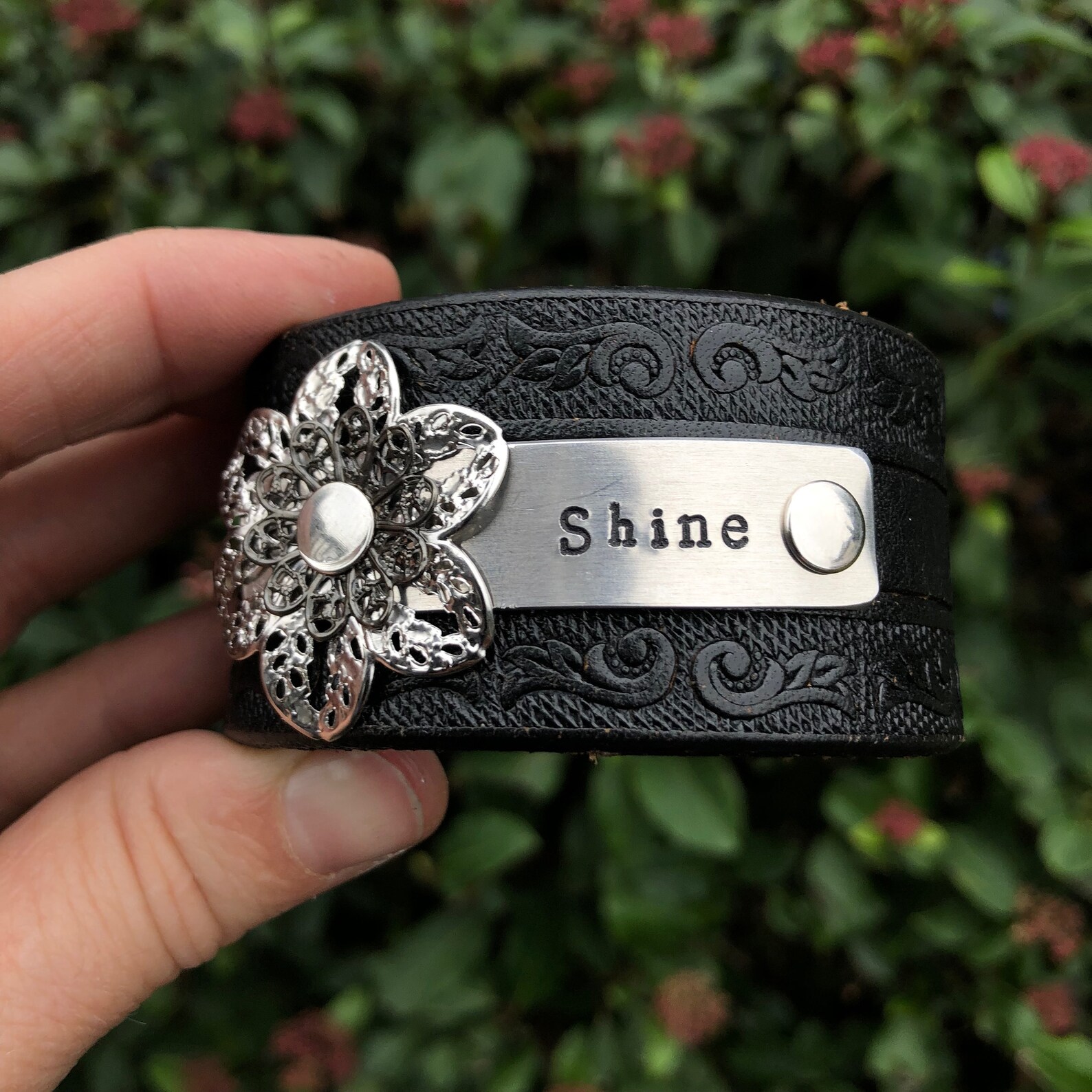 CUSTOM WORD Leather Cuff Bracelet With Large Flower - Custom Stamped ...