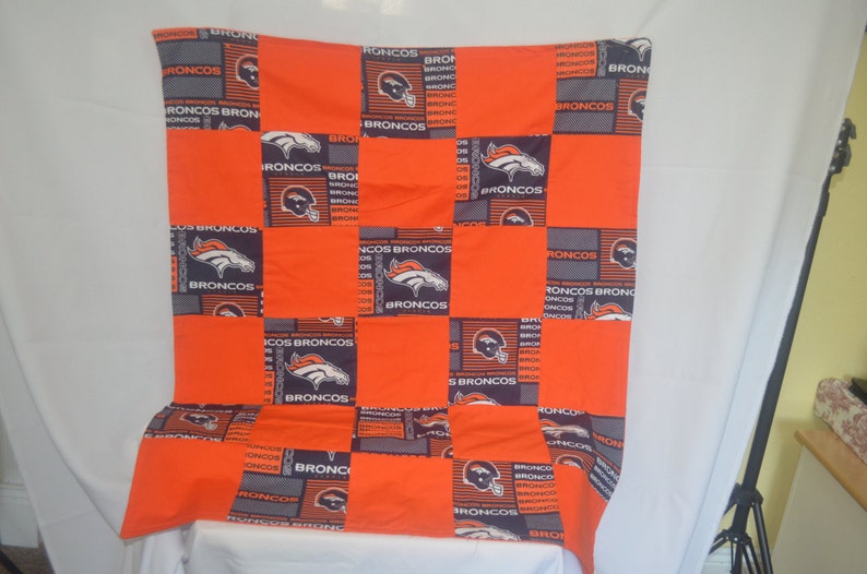 Denver Bronco Patchwork Quilt With Orange Flannel Back Receiving ...