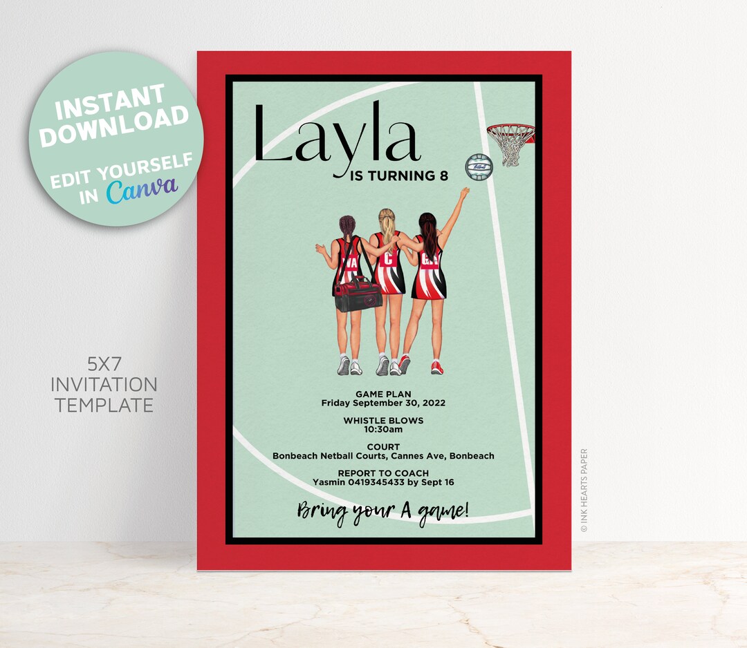 NETBALL PARTY INVITATION | Editable Invitation, Girls Birthday, Sport ...