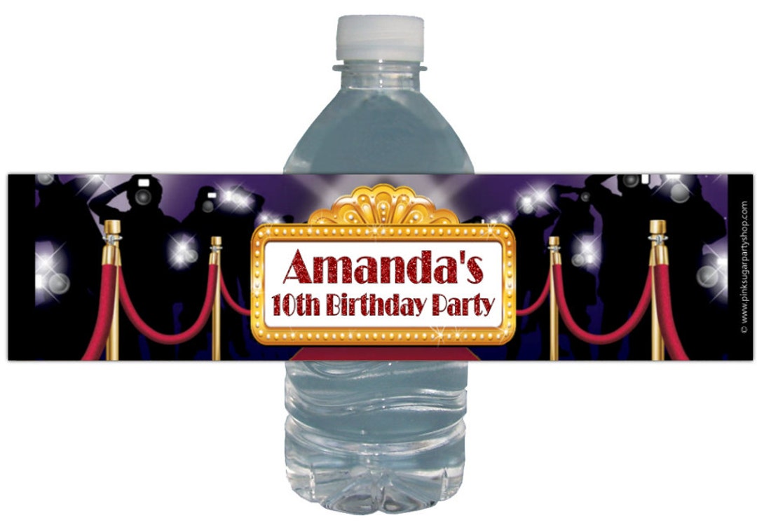 Water Bottle Labels, Hollywood Theme, Red Carpet, Birthday Party ...
