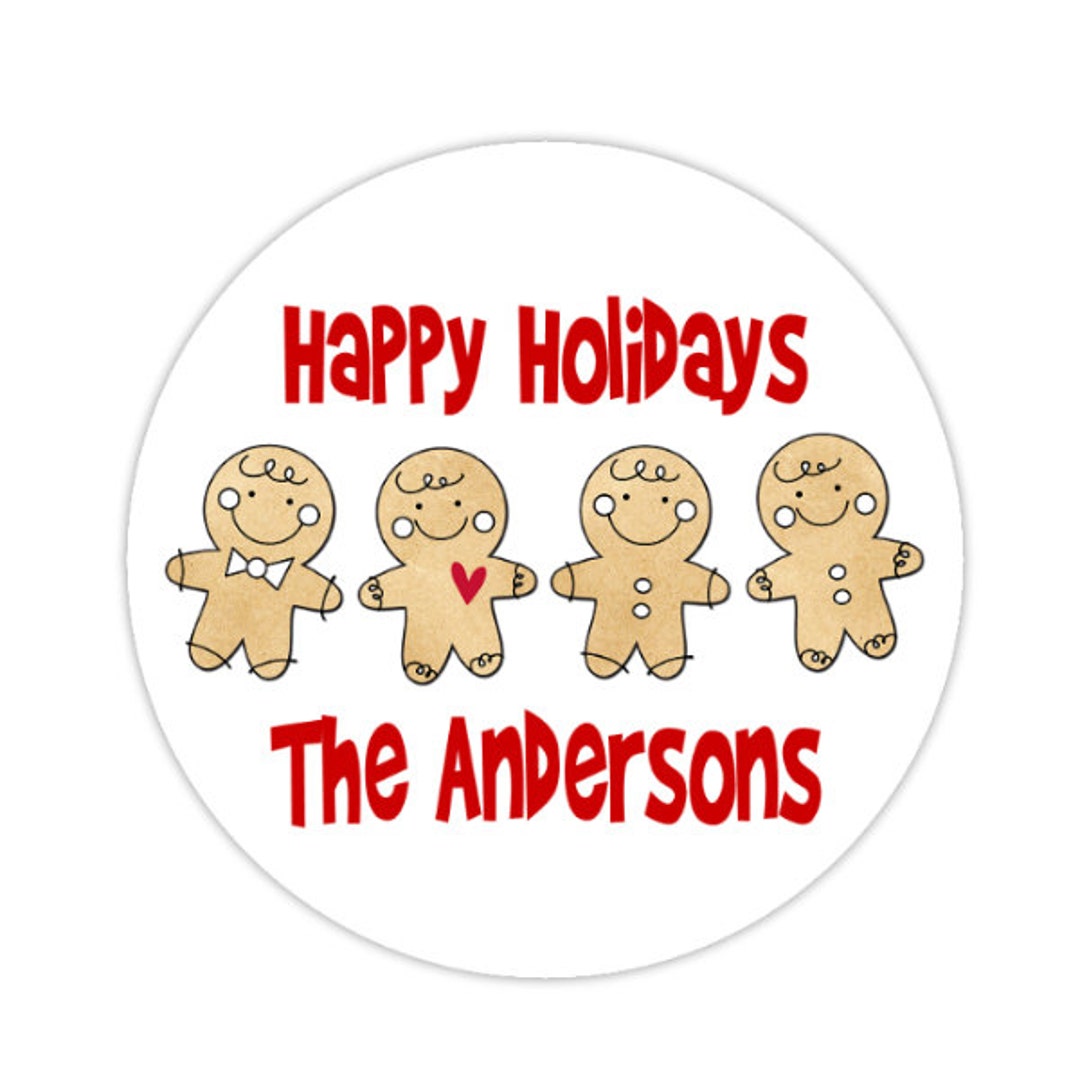 Christmas Stickers, Happy Holidays Gingerbread Family, Round Gift ...
