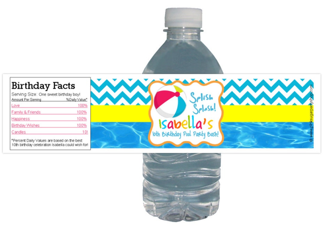 Pool Party Water Bottle Labels, Beach Ball, Kids Birthday Party, Beach ...