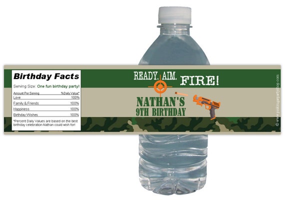 Bottle Labels, Nerf War, Birthday Party, Water proof Water Bottle ...