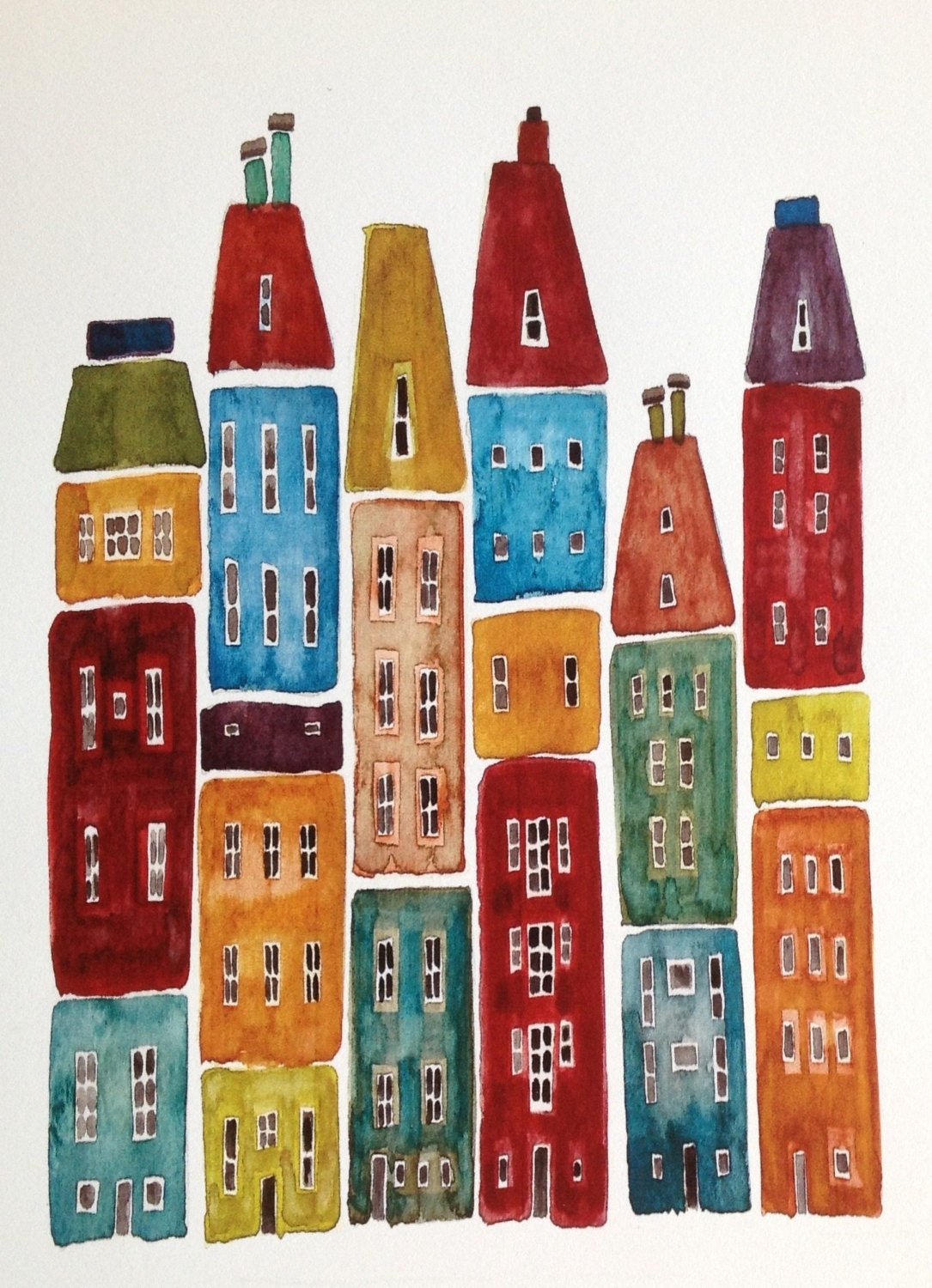 City Blocks, Bright Colors, Watercolor and Gouache, Buildings, Print of ...