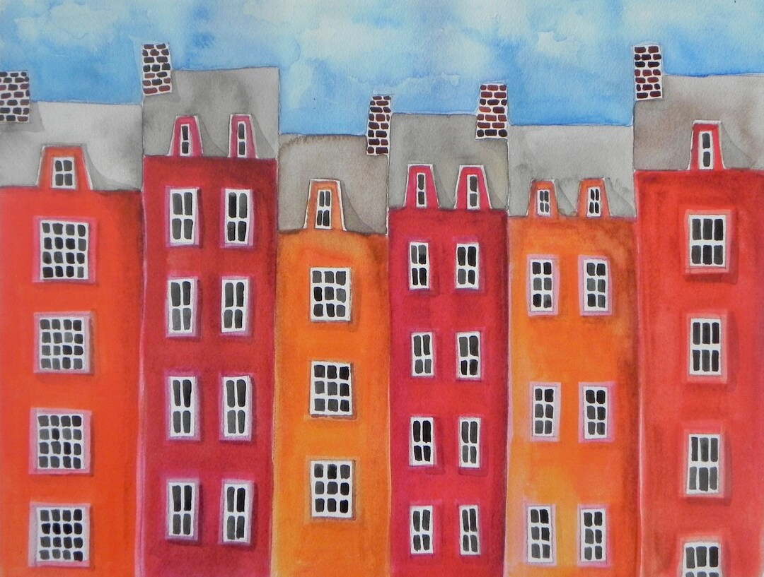 Red Row Houses, Red and Orange, Print of Original Painting - Etsy