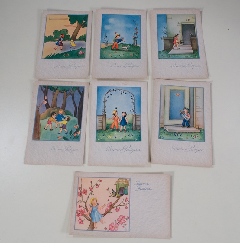 7 Unused Italian Easter Greeting Postcards 50's 60's Cute Children ...