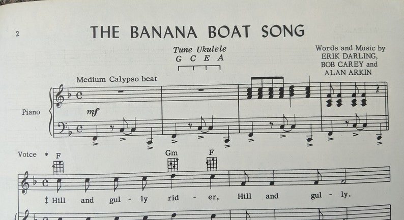The Banana Boat Song Day-o, Vintage Sheet Music 1950's Music Piano and ...