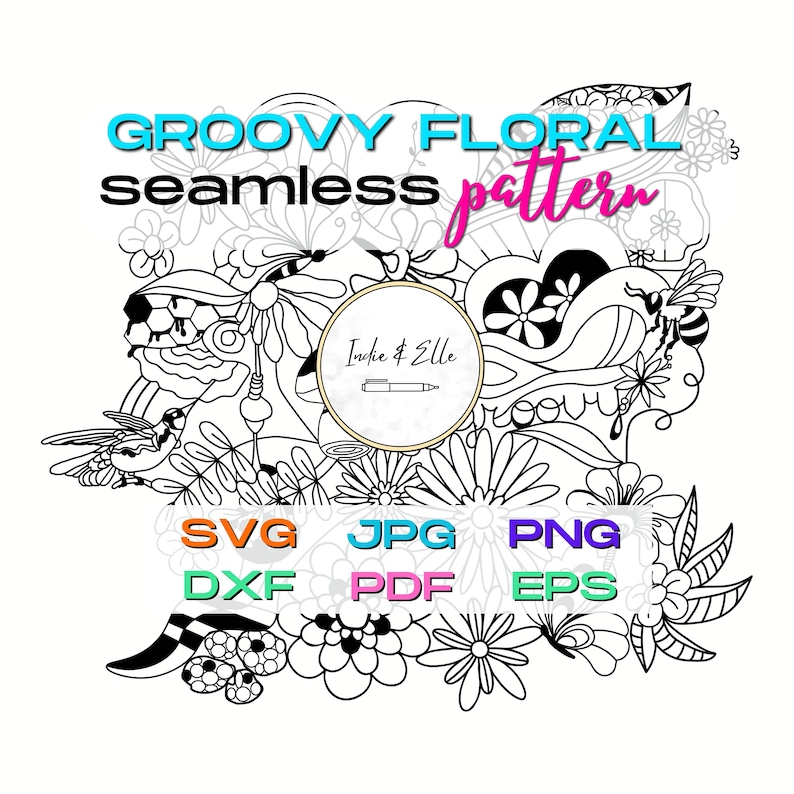 Groovy Floral Seamless Pattern, SVG PNG DXF Eps Jpg Pdf, Flower Pattern ...