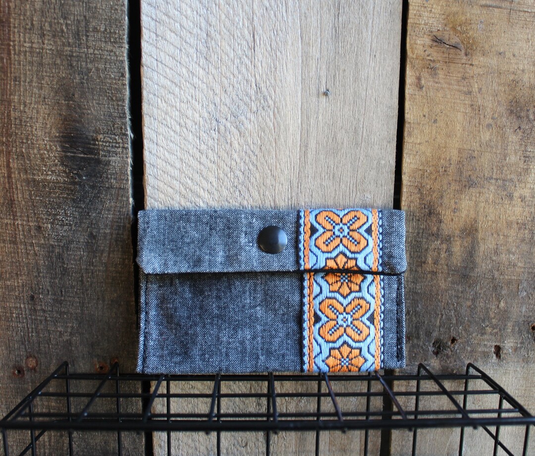 Black and White Waxed Linen Wallet, Snap Pouch, With Blue and Orange ...
