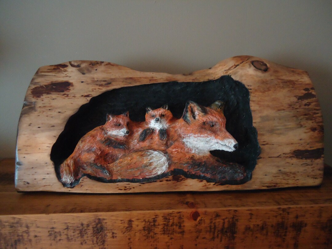 Carved Red Fox Family, Rustic, Sculpture , Log , , Birthday Gift ...