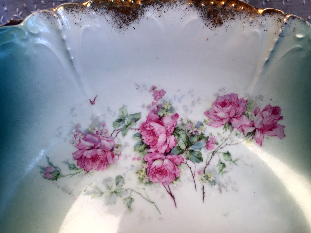 Large Porcelain Bowl With Roses Pattern Raised Trim Gold Accents - Etsy