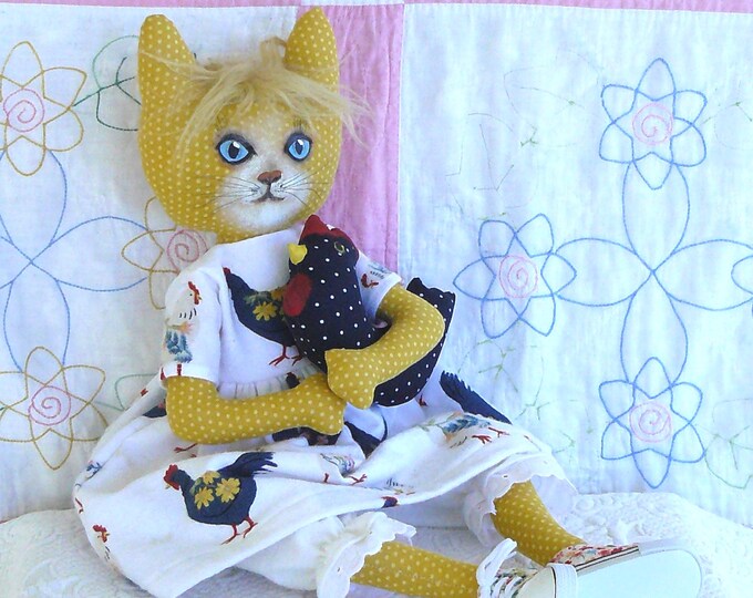 Handmade Yellow Cat Doll: Folk Art Cloth Kitty, 21" Sheila Kay Design ...