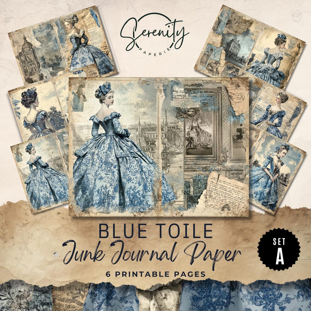 Blue Toile Junk Journal Digital Papers Printable Pages, 6 Digital ...
