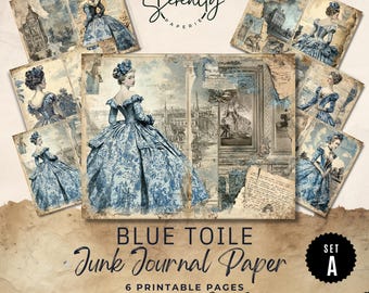 Blue Toile Junk Journal Digital Paper, Floral 6 Digital Journal Pages ...
