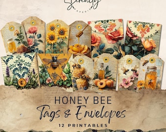 Honey Bee Junk Journal Tags and Envelopes, Digital, Printable Ephemera ...