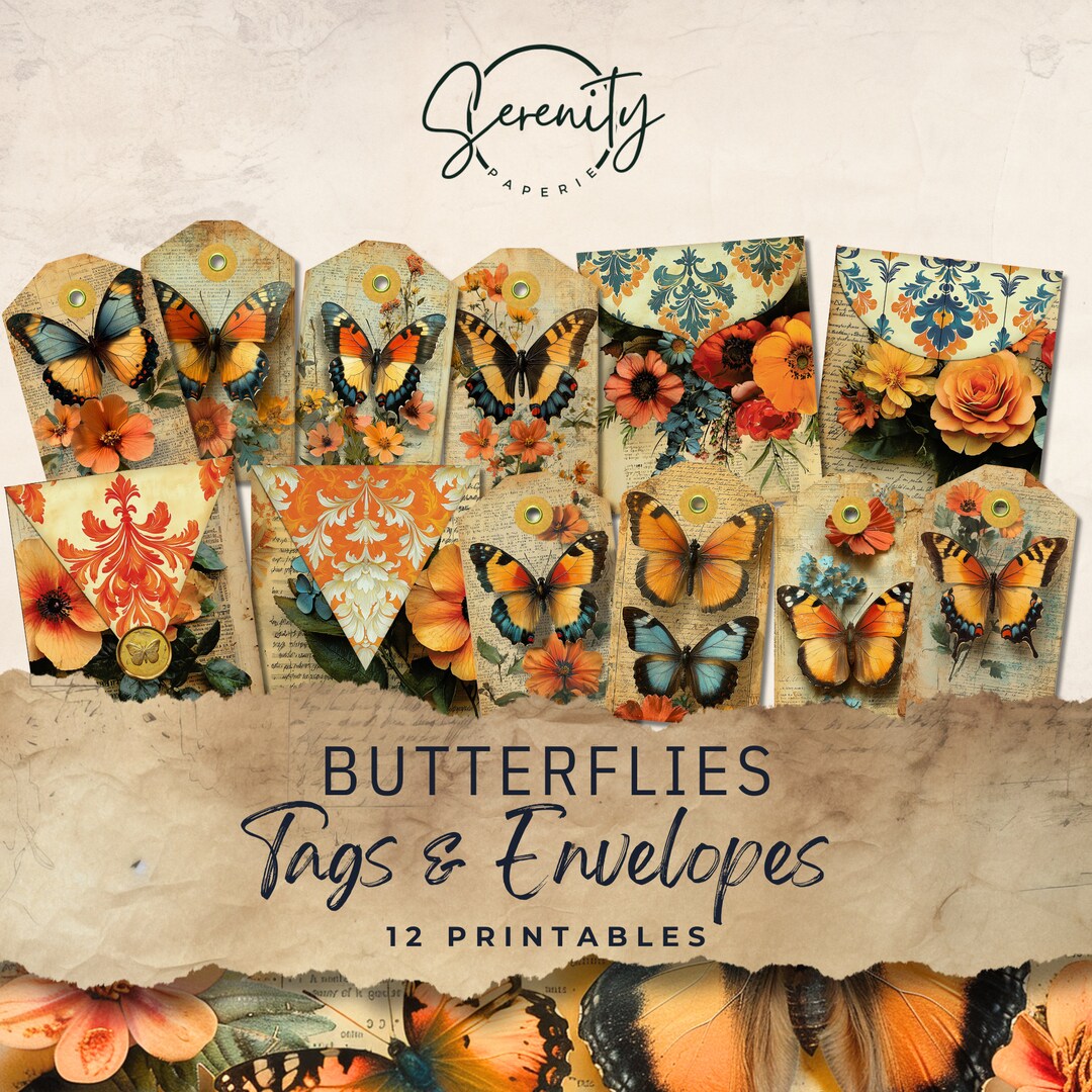 Butterflies Junk Journal Tags and Envelopes, Digital, Printable ...