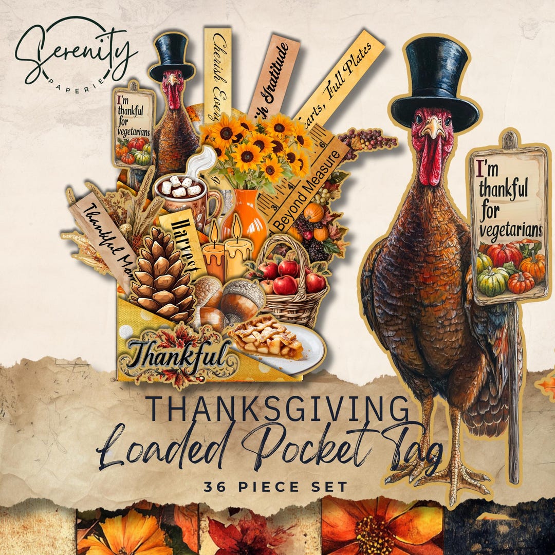 Thankful Loaded Pocket Tag Junk Journal Kit, Thanksgiving Digital ...