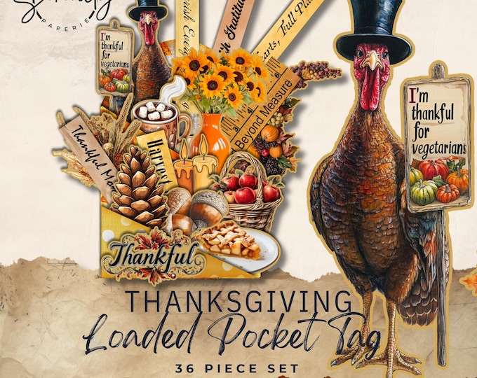 Thankful Loaded Pocket Tag Junk Journal Kit, Thanksgiving Digital ...