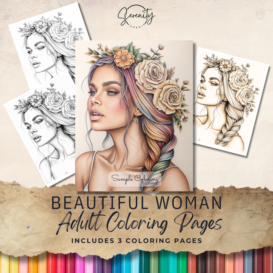 Beautiful Woman Adult Coloring Page With Grayscale Coloring Digital ...