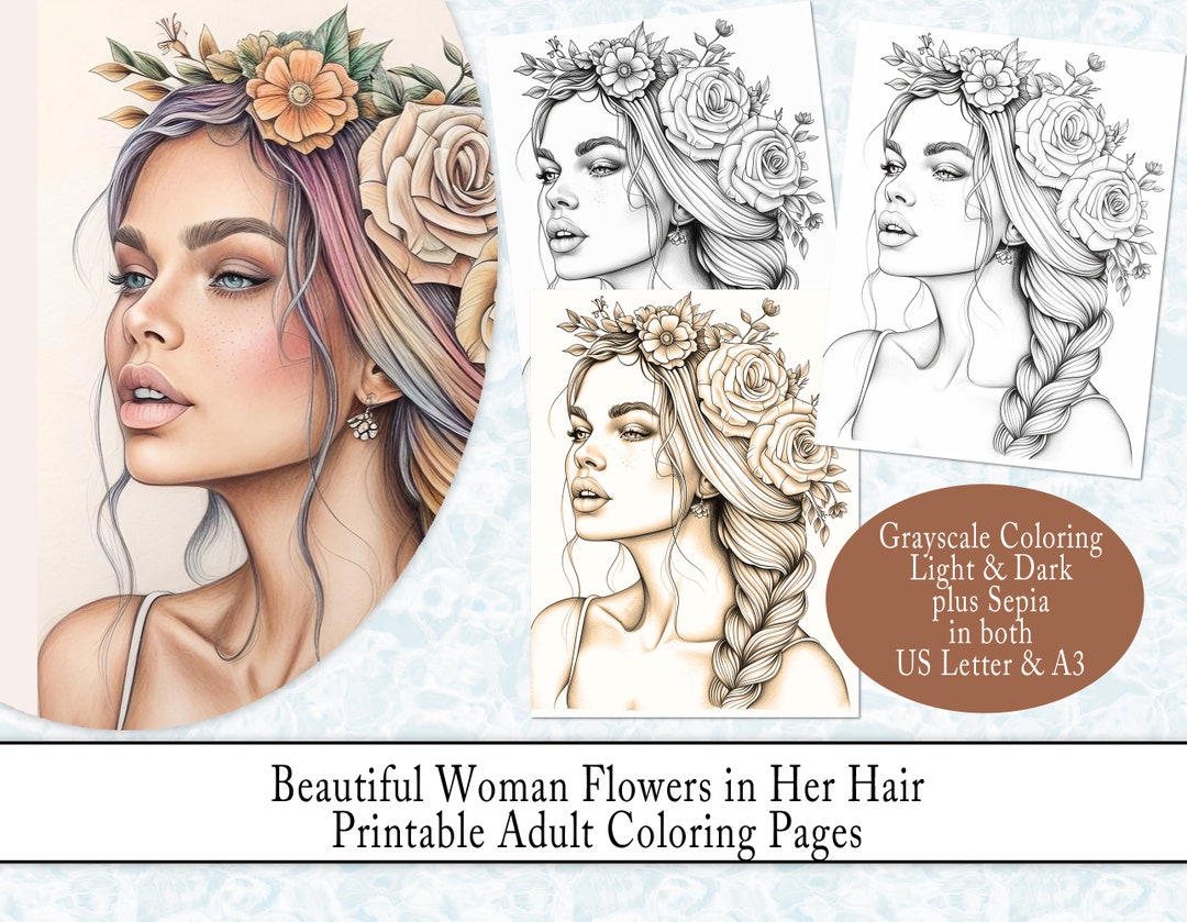 Beautiful Woman Adult Coloring Page With Grayscale Coloring Digital ...