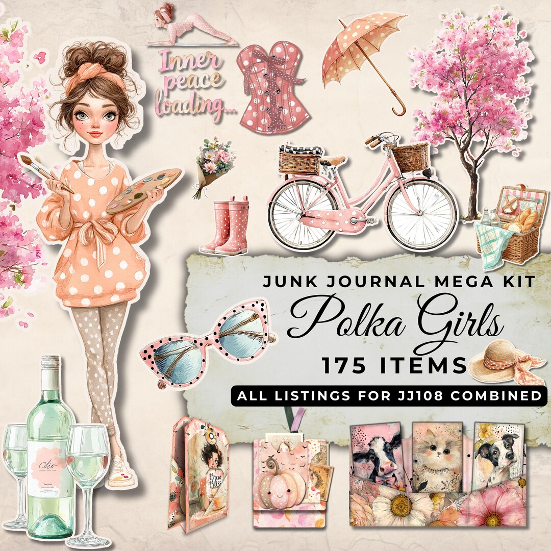 Polka Girls Junk Journal Kit - 163 Piece BUNDLE Printable Papers ...