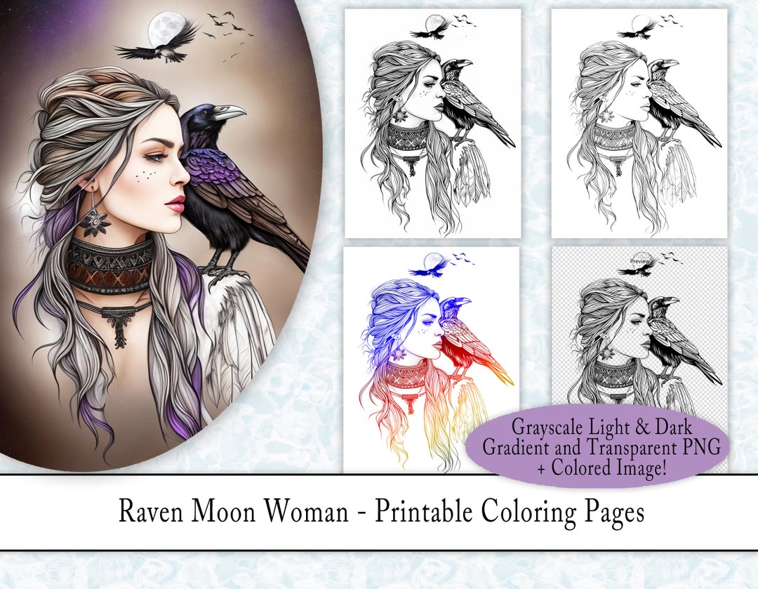 Raven Woman Adult Coloring Pages in Light, Dark, Sepia and Rainbow ...