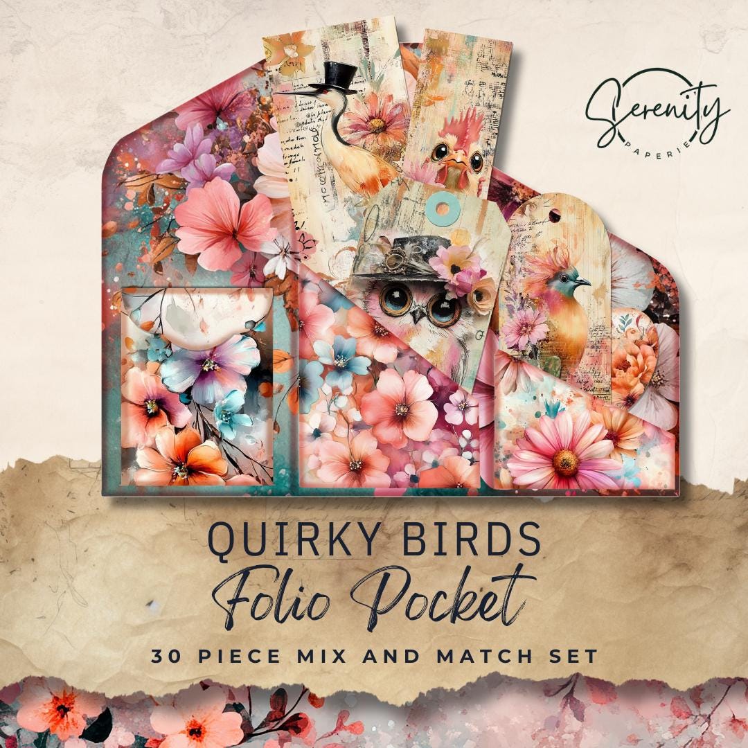 Quirky Birds Mini Trifold Journal Kit Printable 30 Pockets Ephemera and ...
